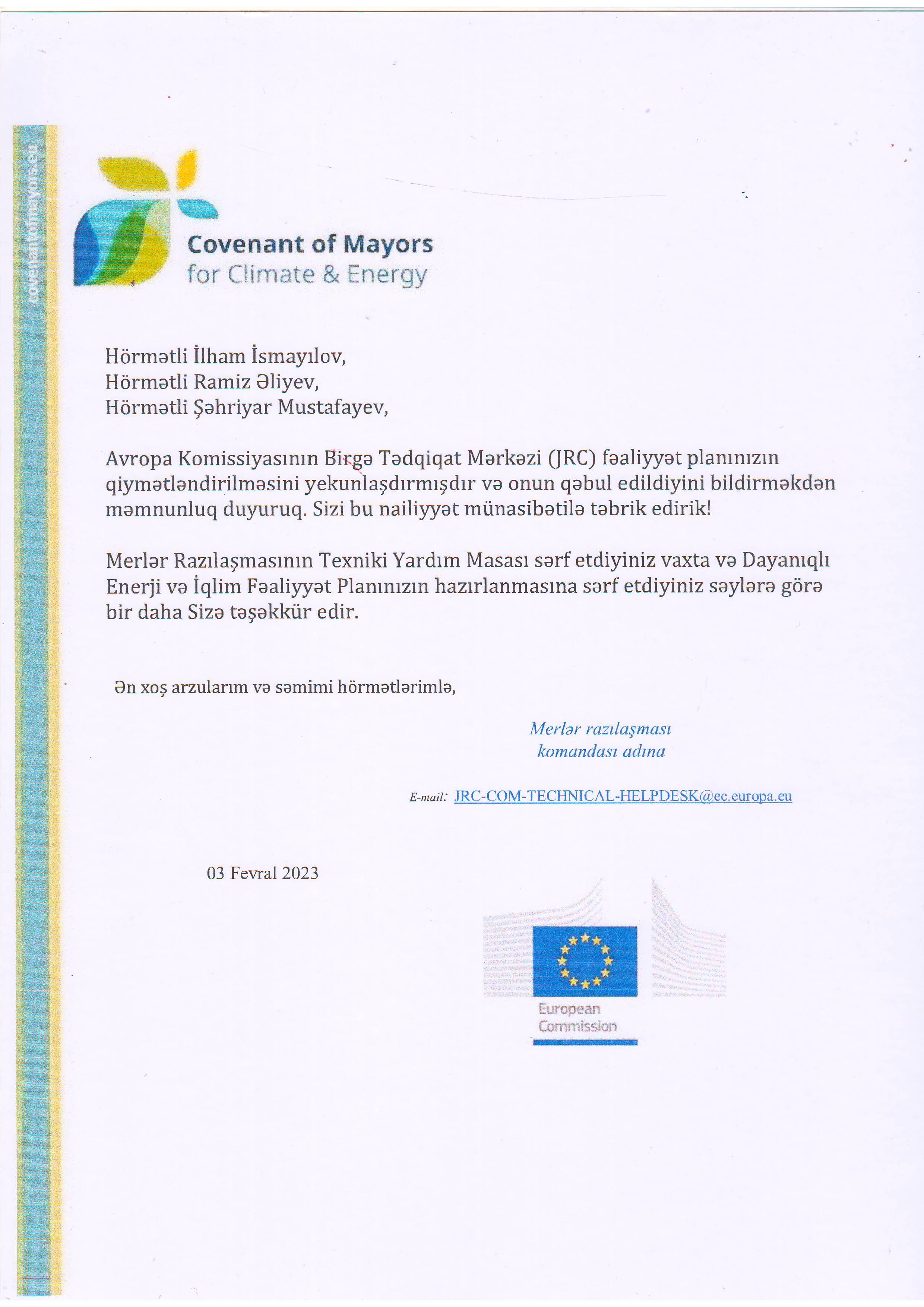 Avropa Birliyindən təşəkkür məktubu » Mingəçevir Bələdiyyəsi